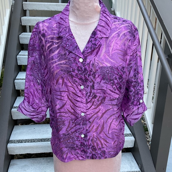 French Laundry | Tops | French Laundry Purple Semi Sheer Floral Fold Up ...